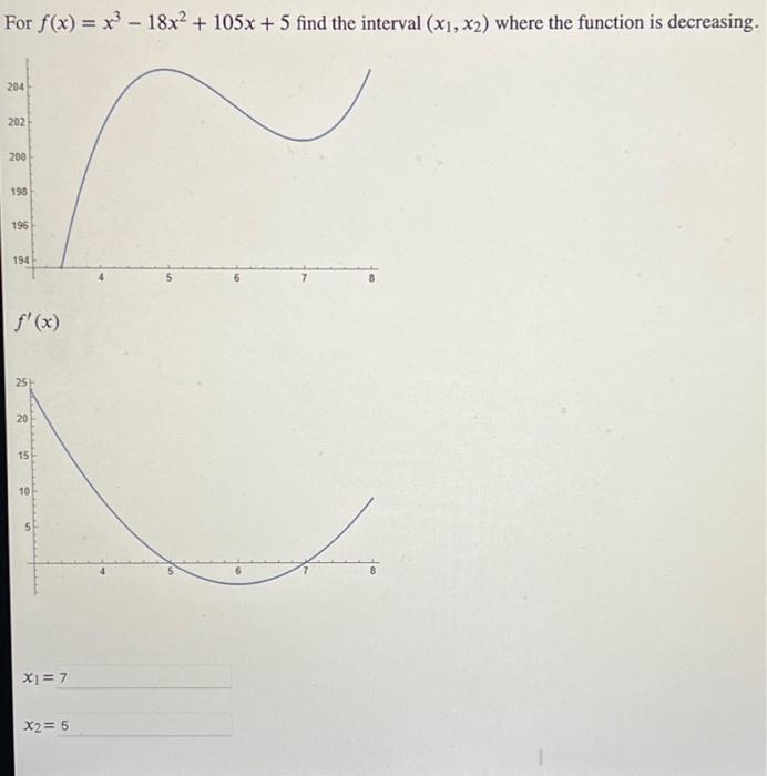 Solved For f(x)=x3−18x2+105x+5 find the interval (x1,x2) | Chegg.com