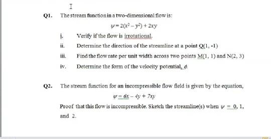 Solved Q1 I The Stream Function In A Two Dimensional Flow
