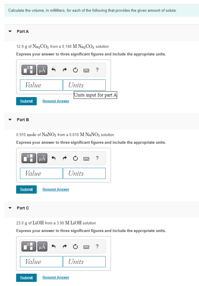 Solved Calculate the volume, in milliliters, for each of the | Chegg.com