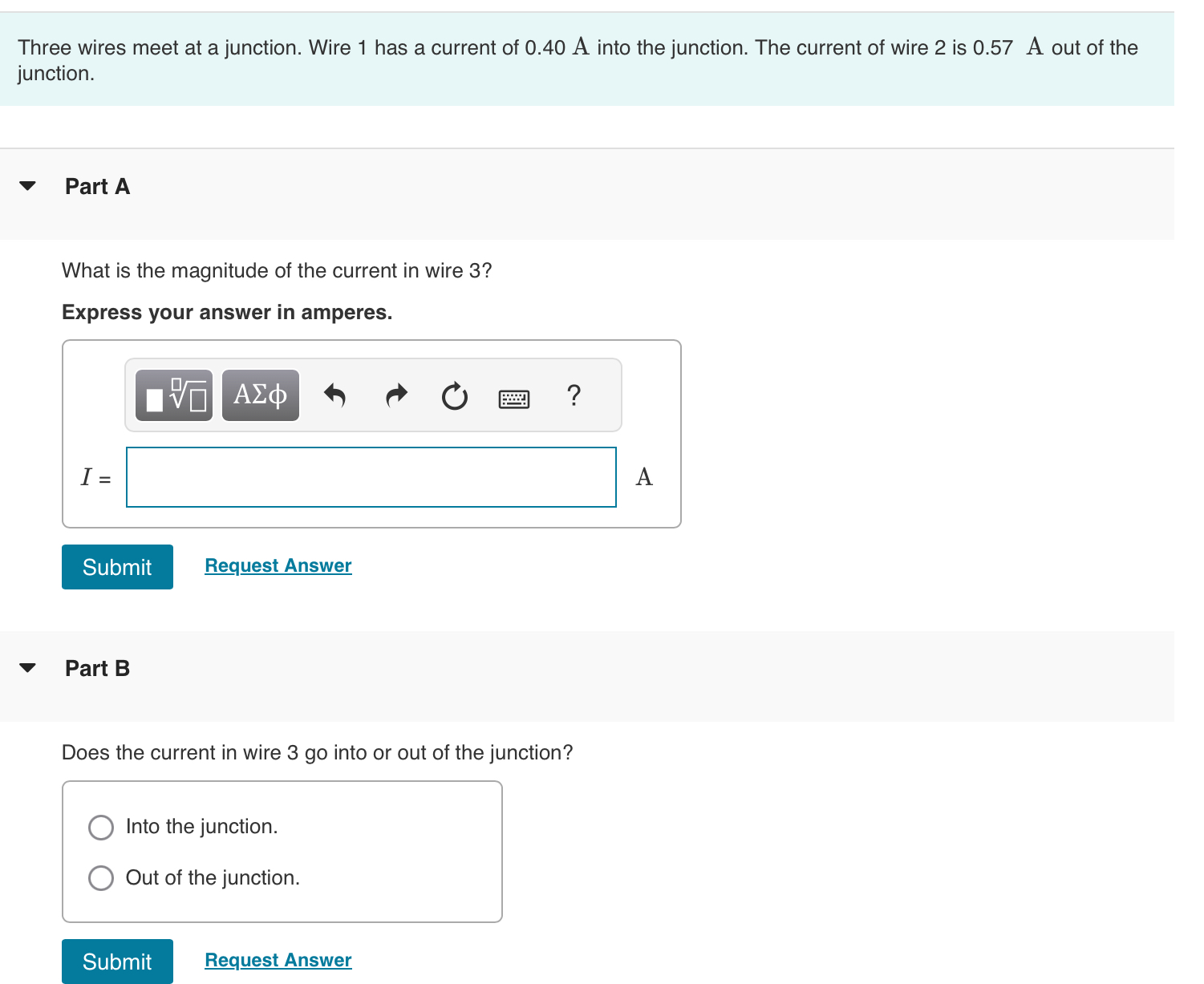 Solved Three wires meet at a junction. Wire 1 ﻿has a current | Chegg.com