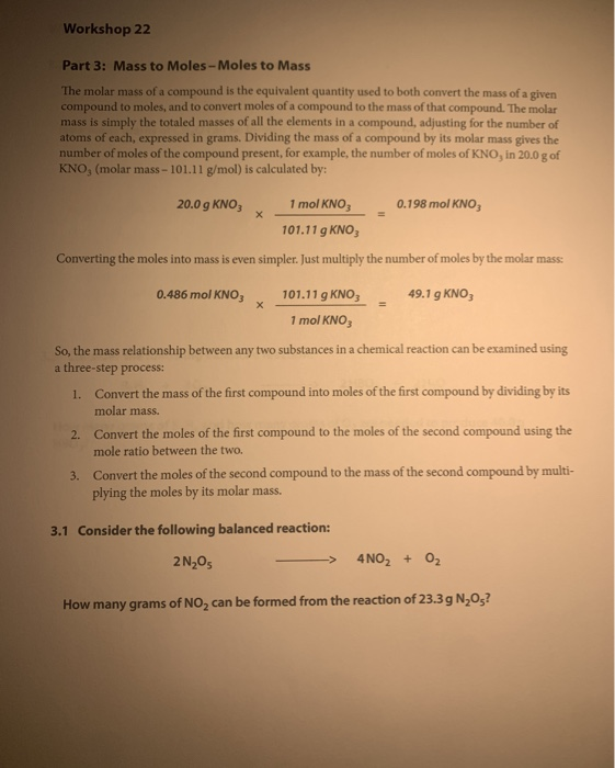 Solved Workshop 22 Part 3: Mass to Moles - Moles to Mass The | Chegg.com