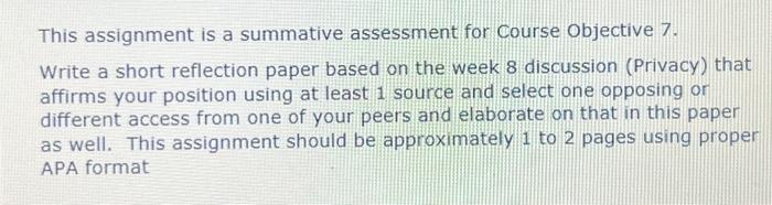 This assignment is a summative assessment for Course | Chegg.com