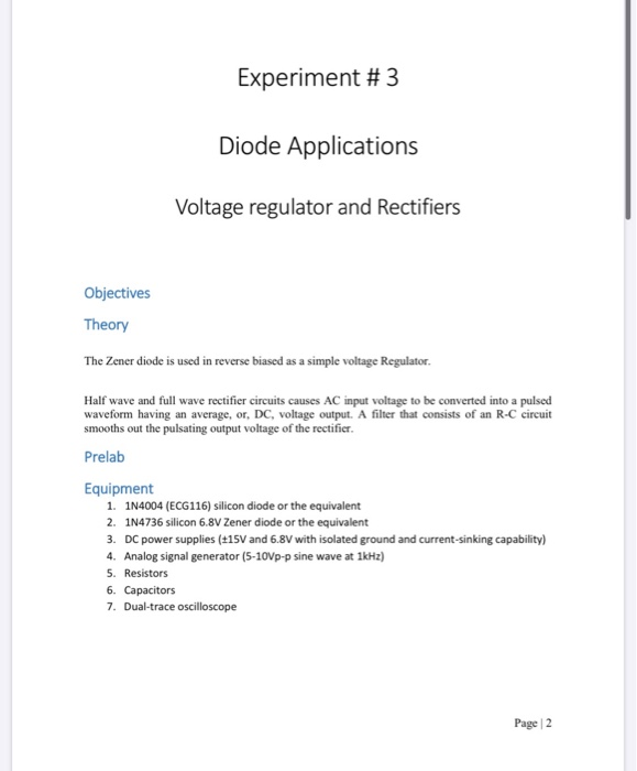 Solved Experiment #3 Diode Applications Voltage regulator | Chegg.com