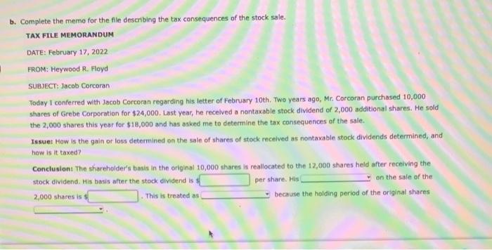 Complete the memo for the file describing the tax | Chegg.com