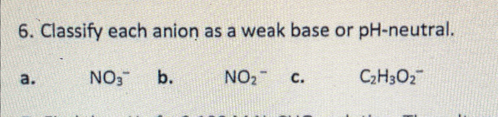 Solved Classify each anion as a weak base or | Chegg.com
