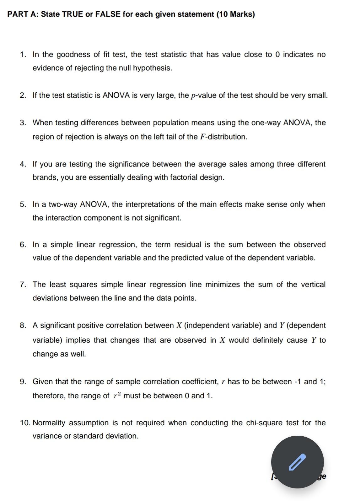 Solved PART A: State TRUE or FALSE for each given statement | Chegg.com