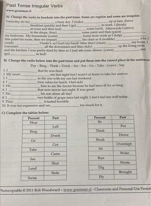 Past Tense Irregular Verbs www.grammariel A) Change | Chegg.com