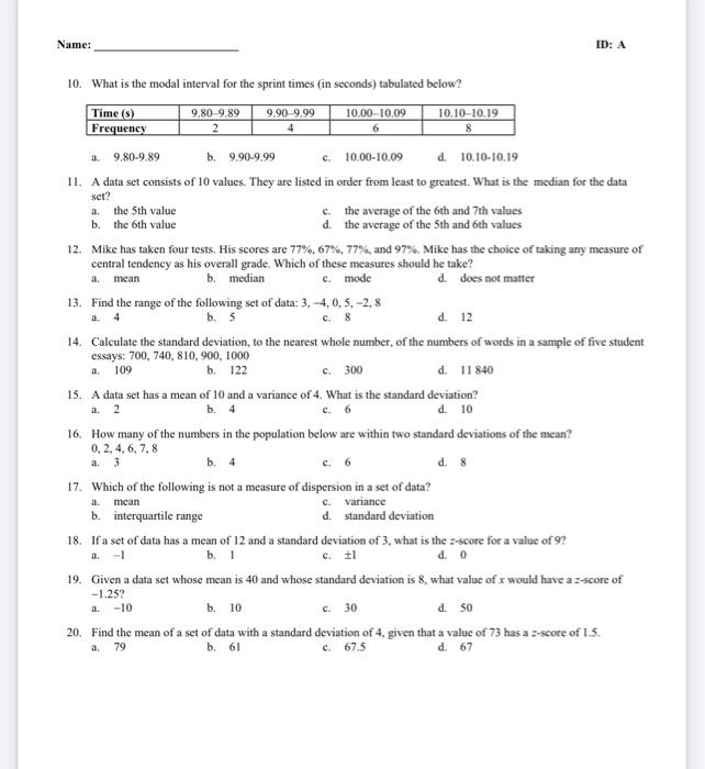 Solved Name: Class: Date: ID: A MDM4U Test 6 Answer all | Chegg.com