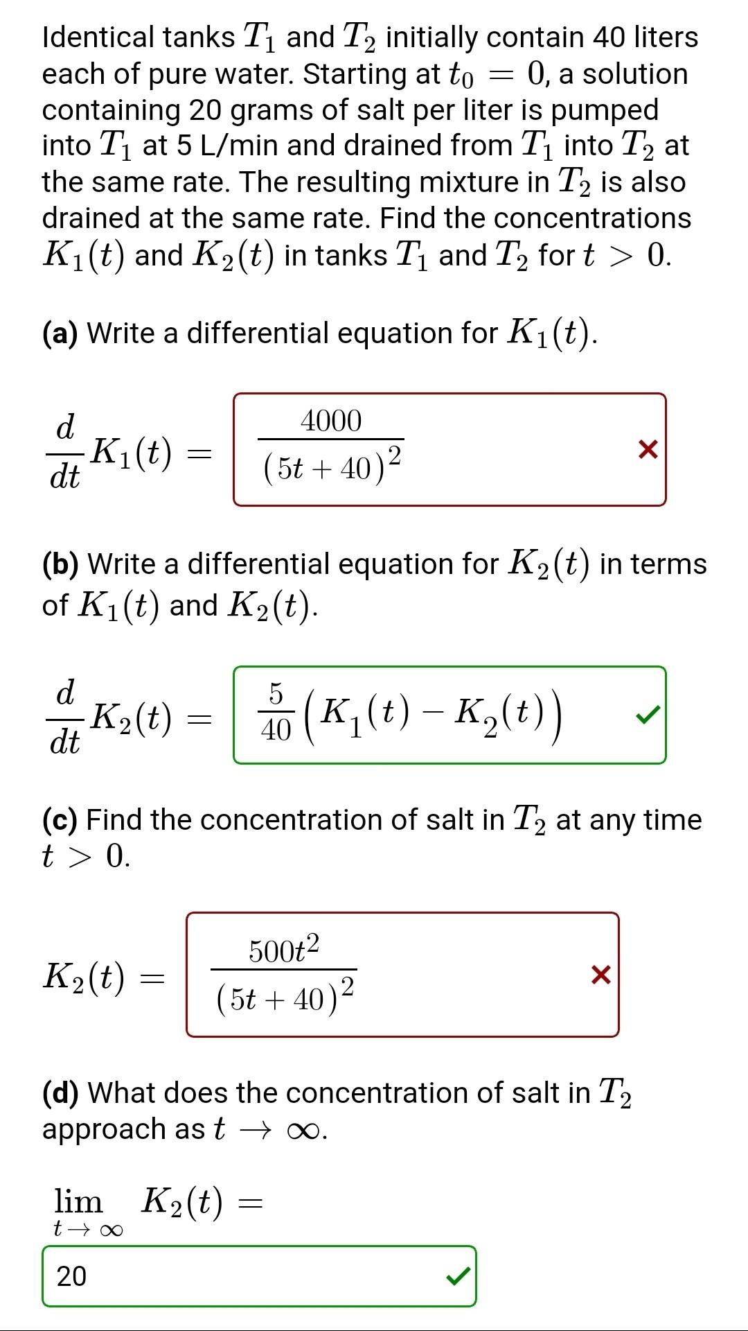 Solved Identical tanks T1 and T2 initially contain 40 liters | Chegg.com