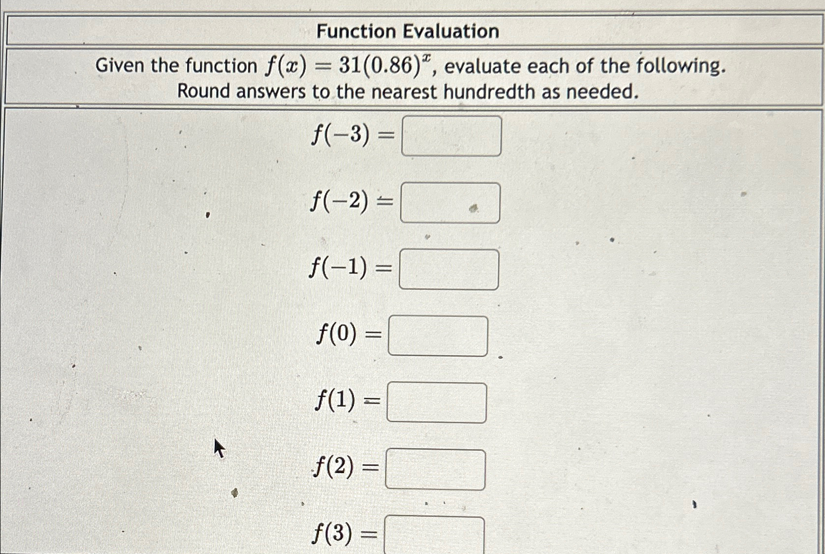 Solved Function EvaluationGiven the function f(x)=31(0.86)x, | Chegg.com