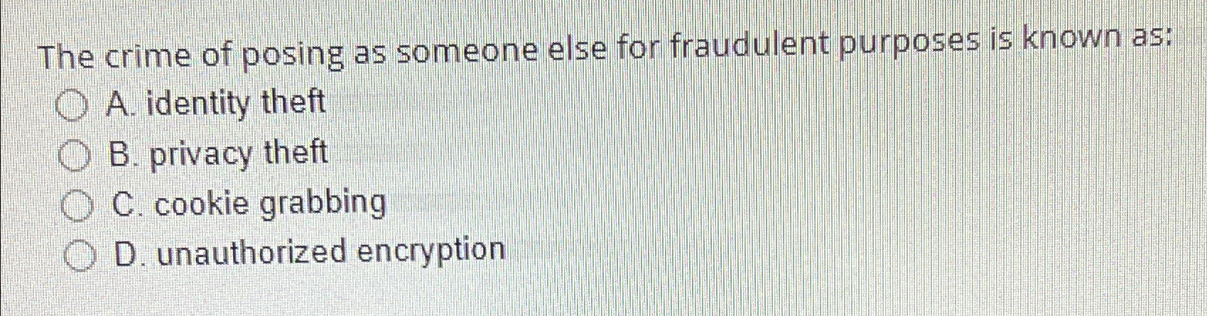 Solved The crime of posing as someone else for fraudulent | Chegg.com