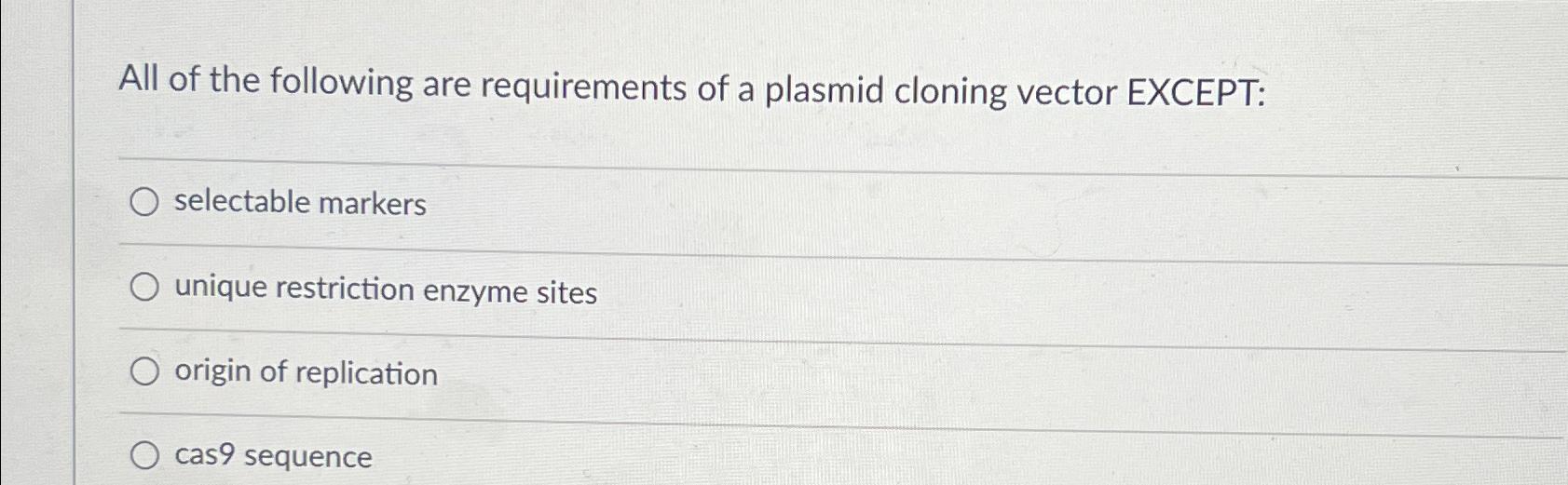 Solved All of the following are requirements of a plasmid | Chegg.com