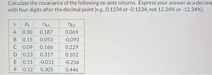 Solved Calculate the covariance of the following ex-ante | Chegg.com