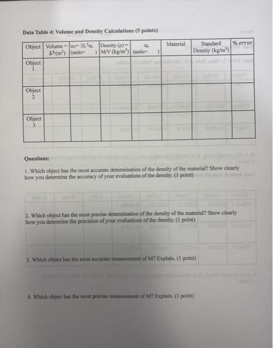 Data Table 4: Volume and Density Calculations (5 | Chegg.com