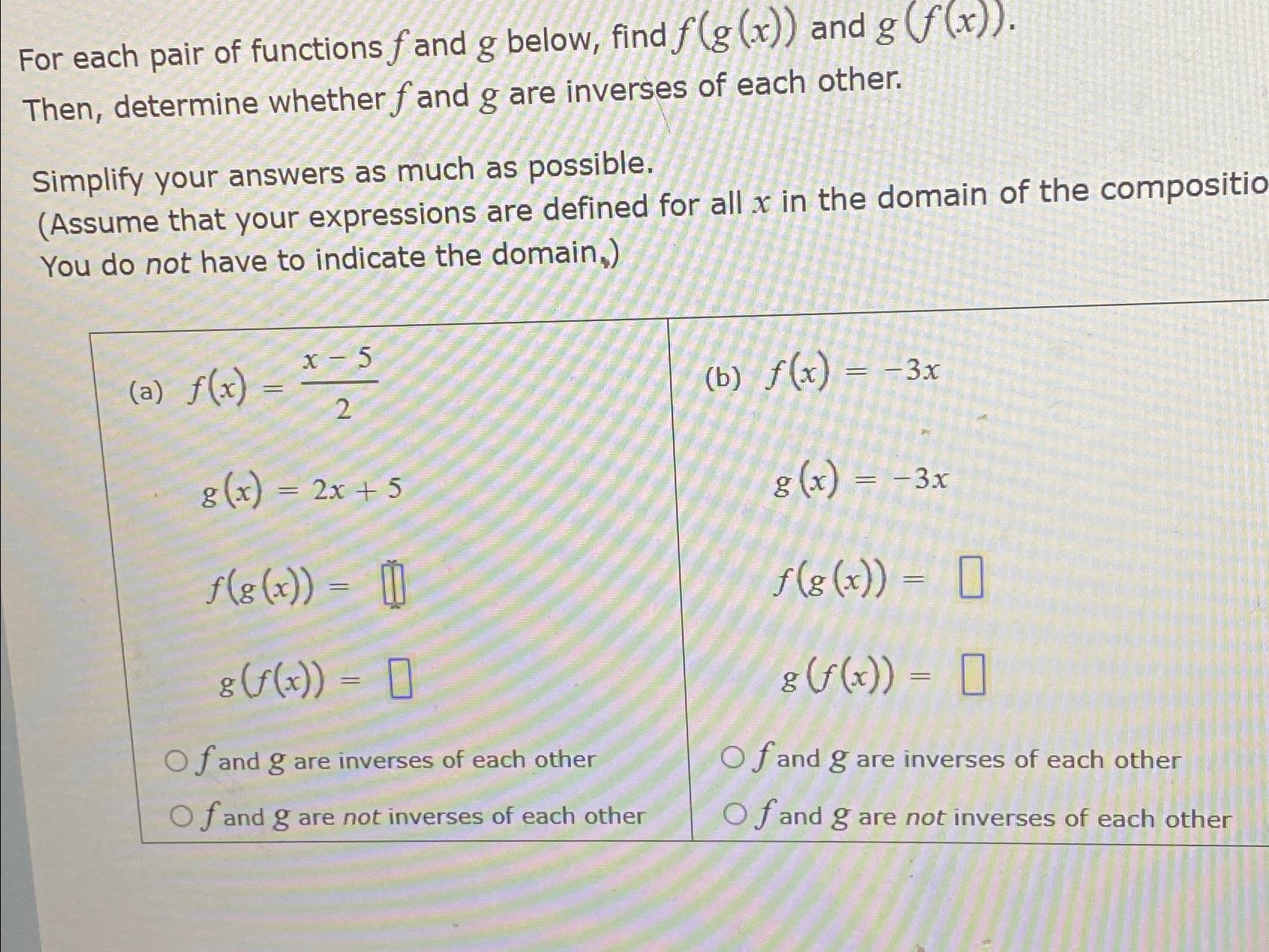 Solved For each pair of functions f ﻿and g ﻿below, find | Chegg.com