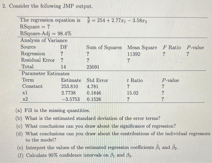 Solved 2. Consider the following JMP output. (a) Fill in the | Chegg.com