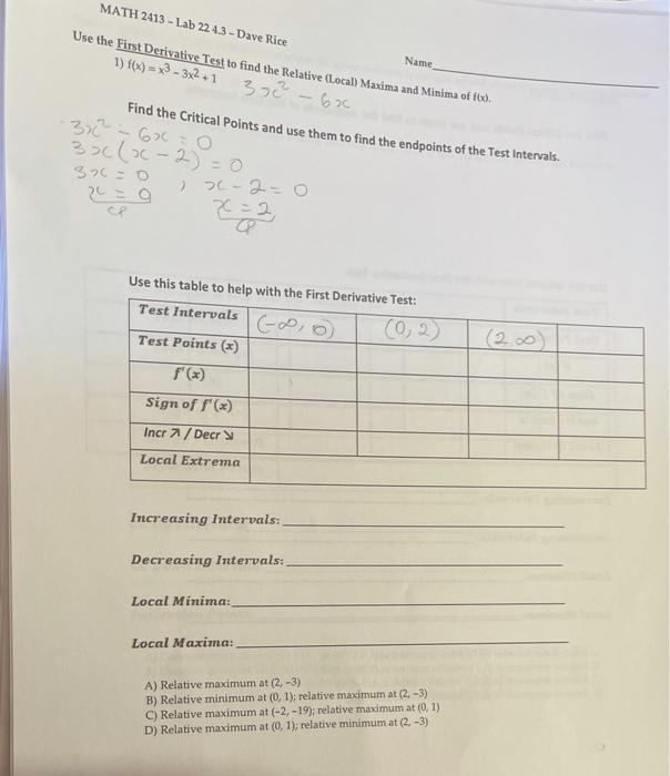 Solved MATH 2413 - Lab 22 4.3 - Dave Rice Use the First | Chegg.com
