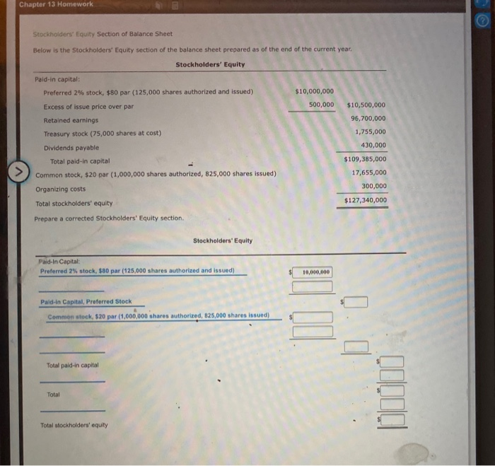 Solved Chapter 13 Homework Stockholders Equity Section Of Chegg