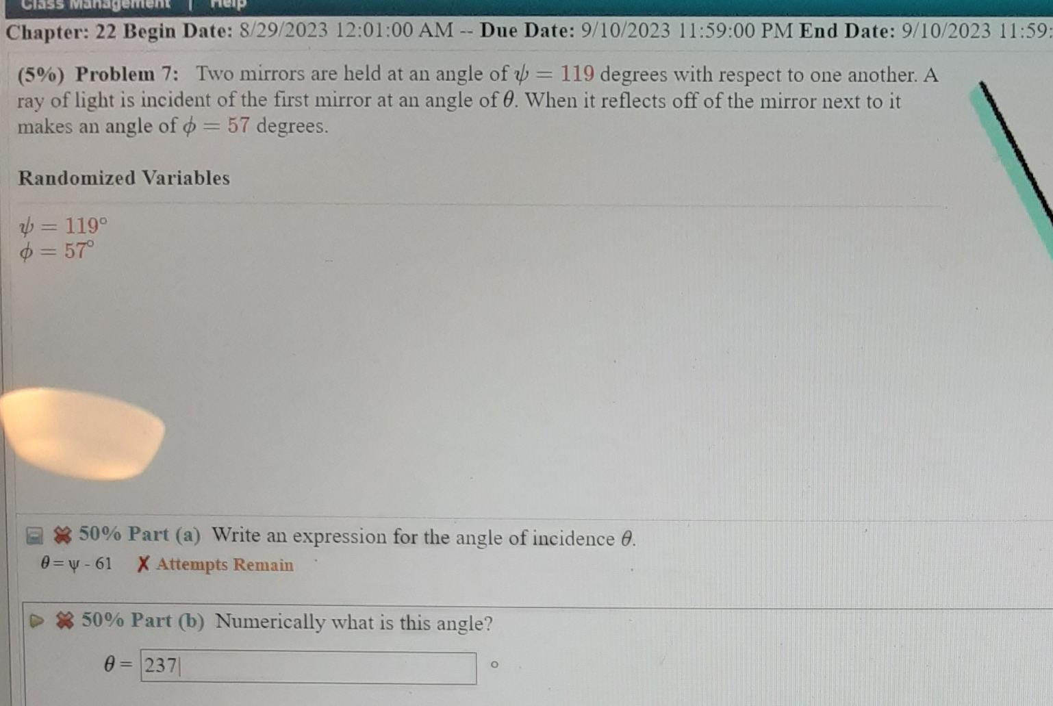 Solved (5\%) Problem 7: Two mirrors are held at an angle of | Chegg.com