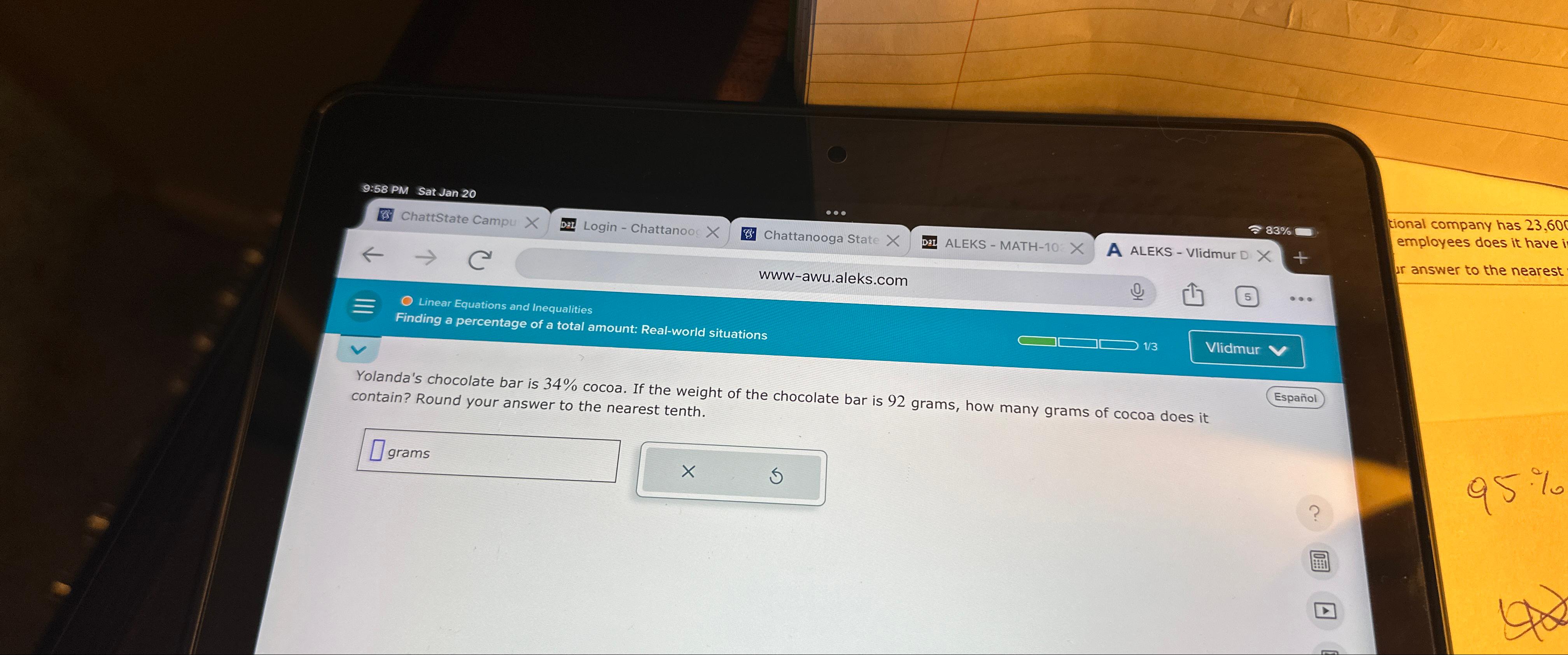 Solved 9:58 ﻿PM Sat Jan 20Yolanda's chocolate bar is 34% | Chegg.com