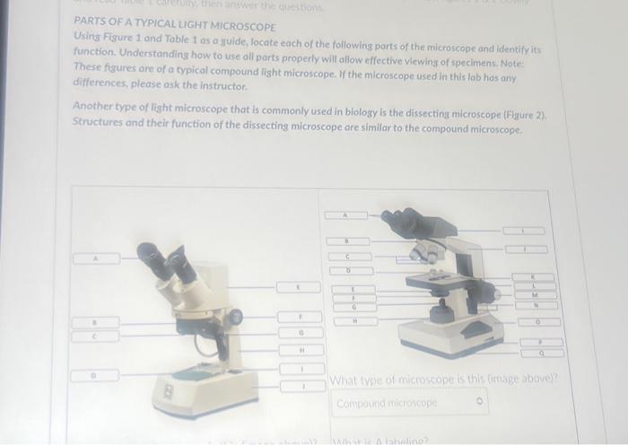 Solved PARTS OF A TYPICAL LIGHT MICROSCOPE Using Figure 1 | Chegg.com