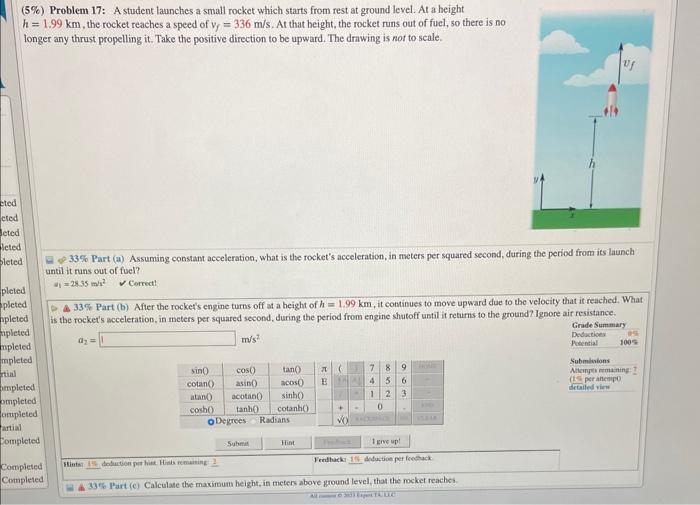 Solved (5\%) Problem 17: A student launches a small rocket | Chegg.com