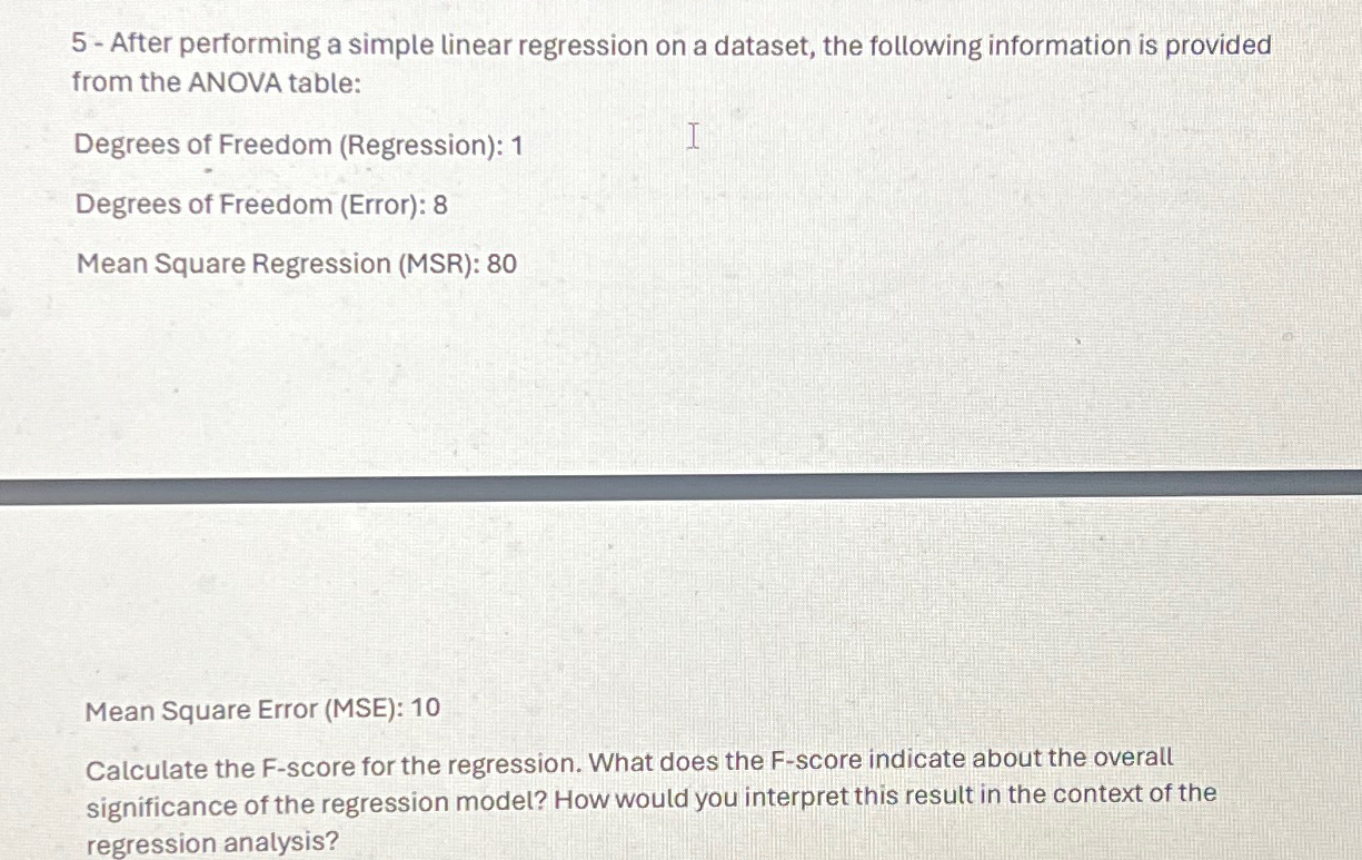 Solved 5 - ﻿After performing a simple linear regression on a | Chegg.com