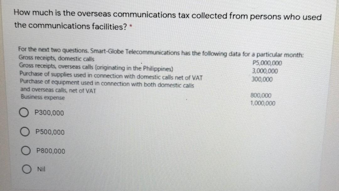 Solved How much is the overseas communications tax collected | Chegg.com