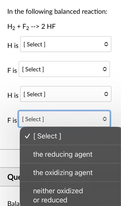 Solved In the following balanced reaction: H2+F2−>2HF | Chegg.com