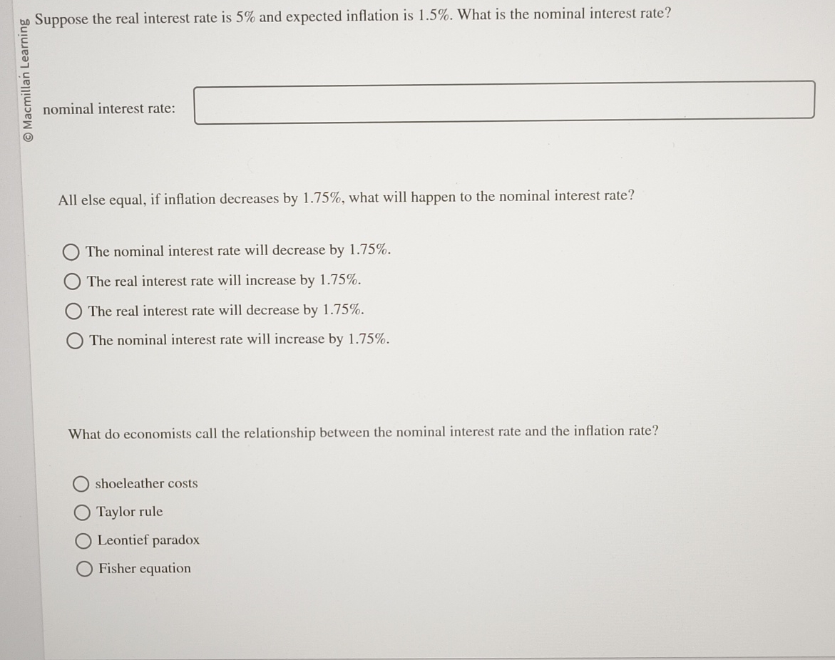 Solved nominal interest rate:All else equal, if inflation | Chegg.com