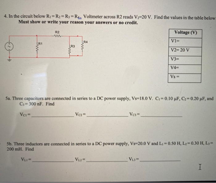 Solved 4. in the circuit below R1=R2=R3=R4. Voltmeter across | Chegg.com