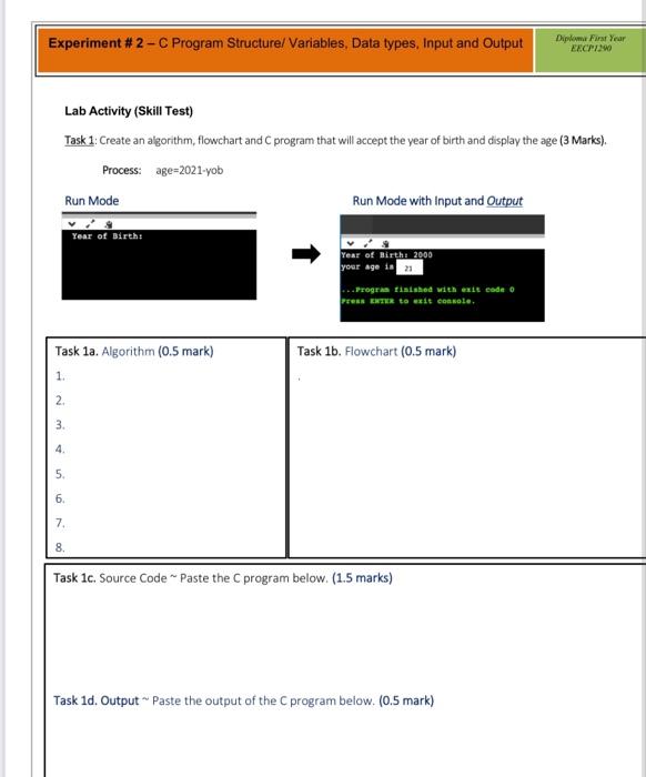 Solved Experiment 2 C Program Structurevariables Data 5687