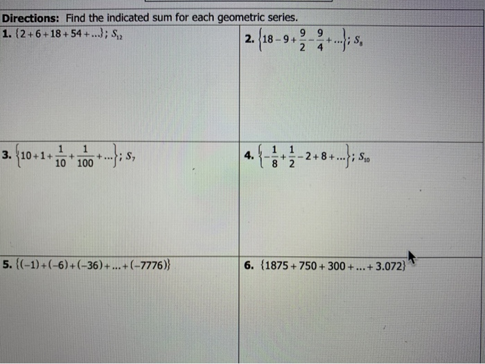 Solved Directions: Find the indicated sum for each geometric | Chegg.com