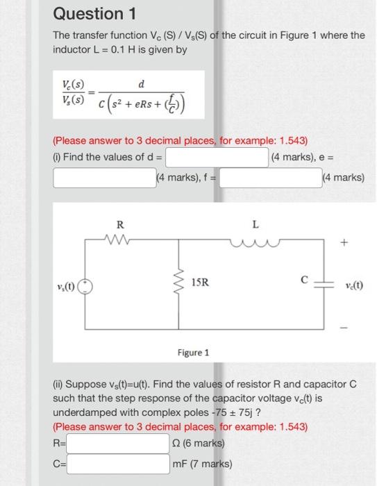 Solved The transfer function Vc(S)/Vs(S) of the circuit in | Chegg.com