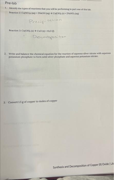 Solved Pre-lab 1. Identify the types of reactions that you | Chegg.com