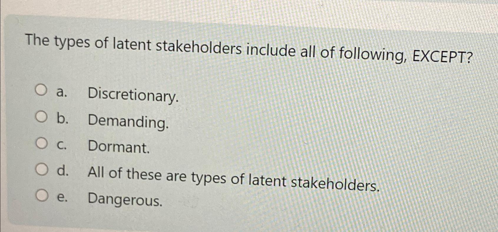 Solved The types of latent stakeholders include all of | Chegg.com