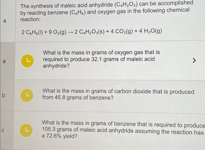 Solved The synthesis of maleic acid anhydride (C4H2O3) can | Chegg.com