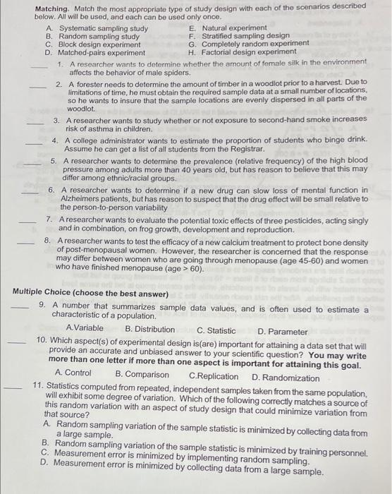 Solved Matching Match the most appropriate type of study | Chegg.com