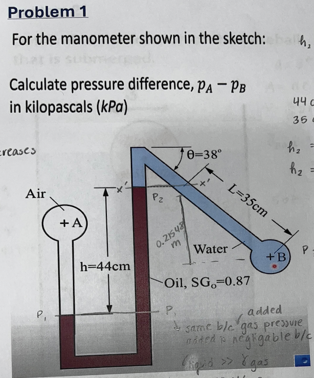 Solved Problem 1For the manometer shown in ﻿the | Chegg.com