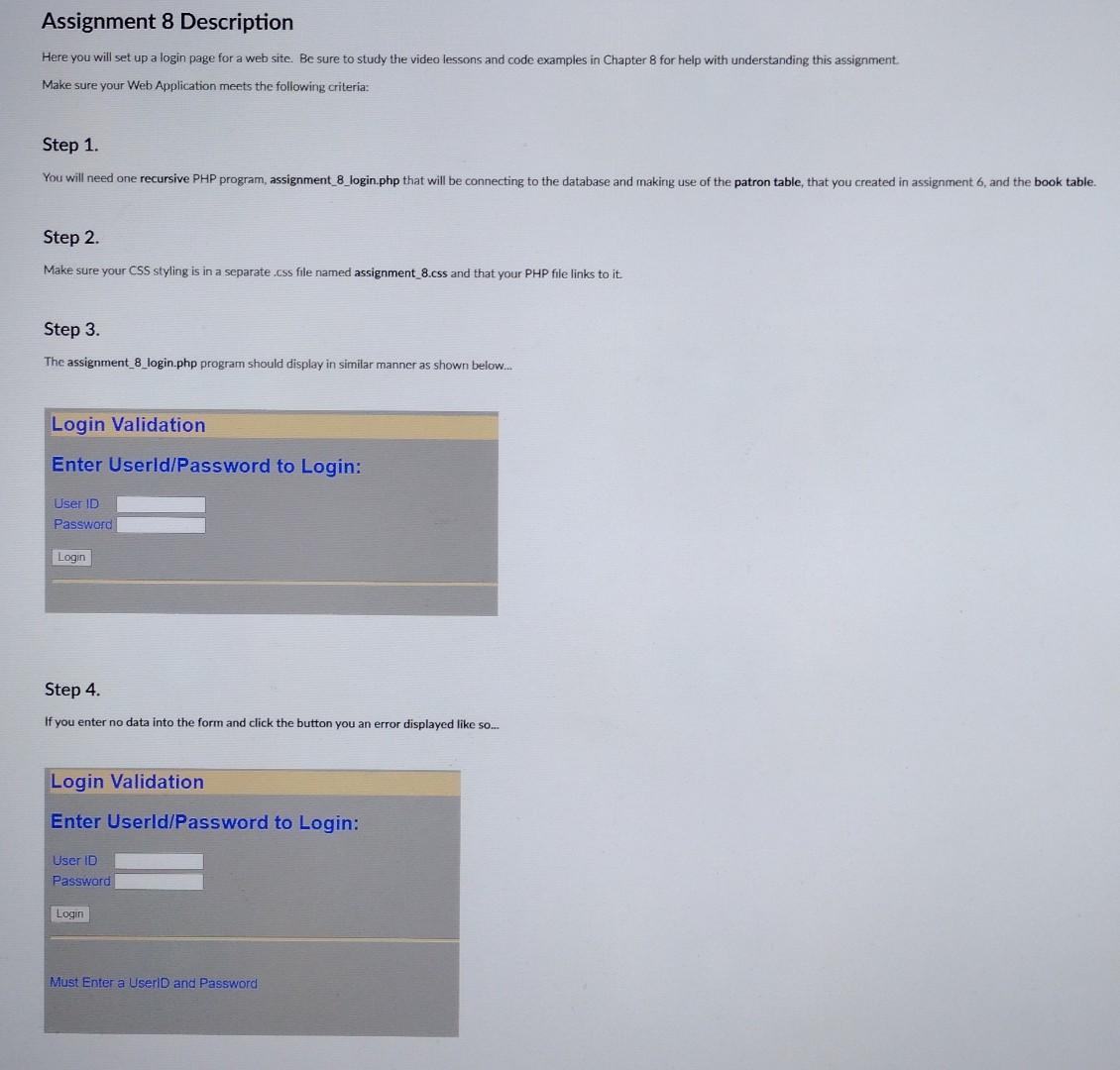 Solved Assignment 8 Description Here you will set up a login | Chegg.com