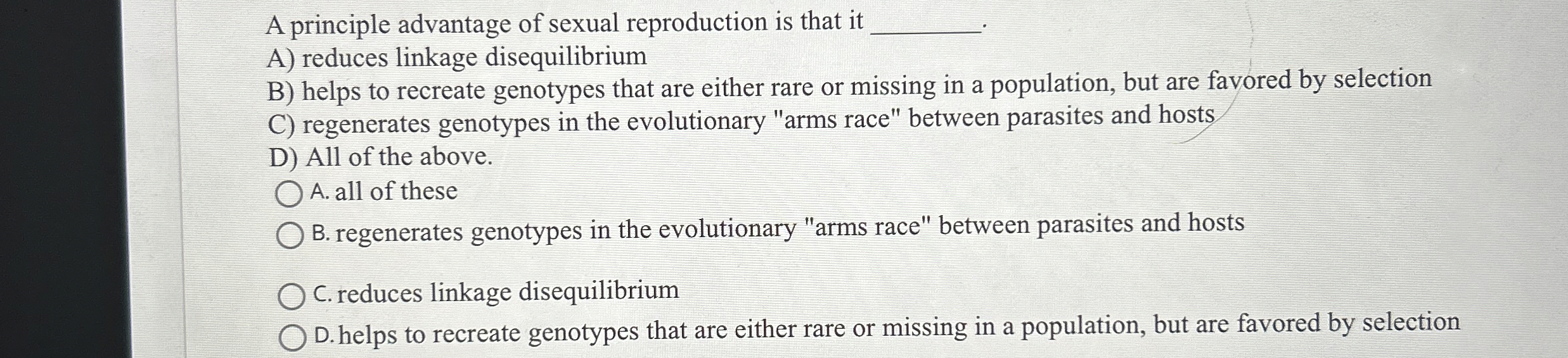 Solved A principle advantage of sexual reproduction is that | Chegg.com