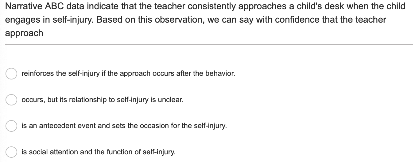 Solved Narrative ABC data indicate that the teacher | Chegg.com