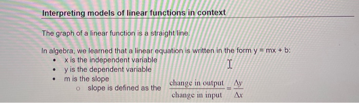 Solved Interpreting models of linear functions in context | Chegg.com