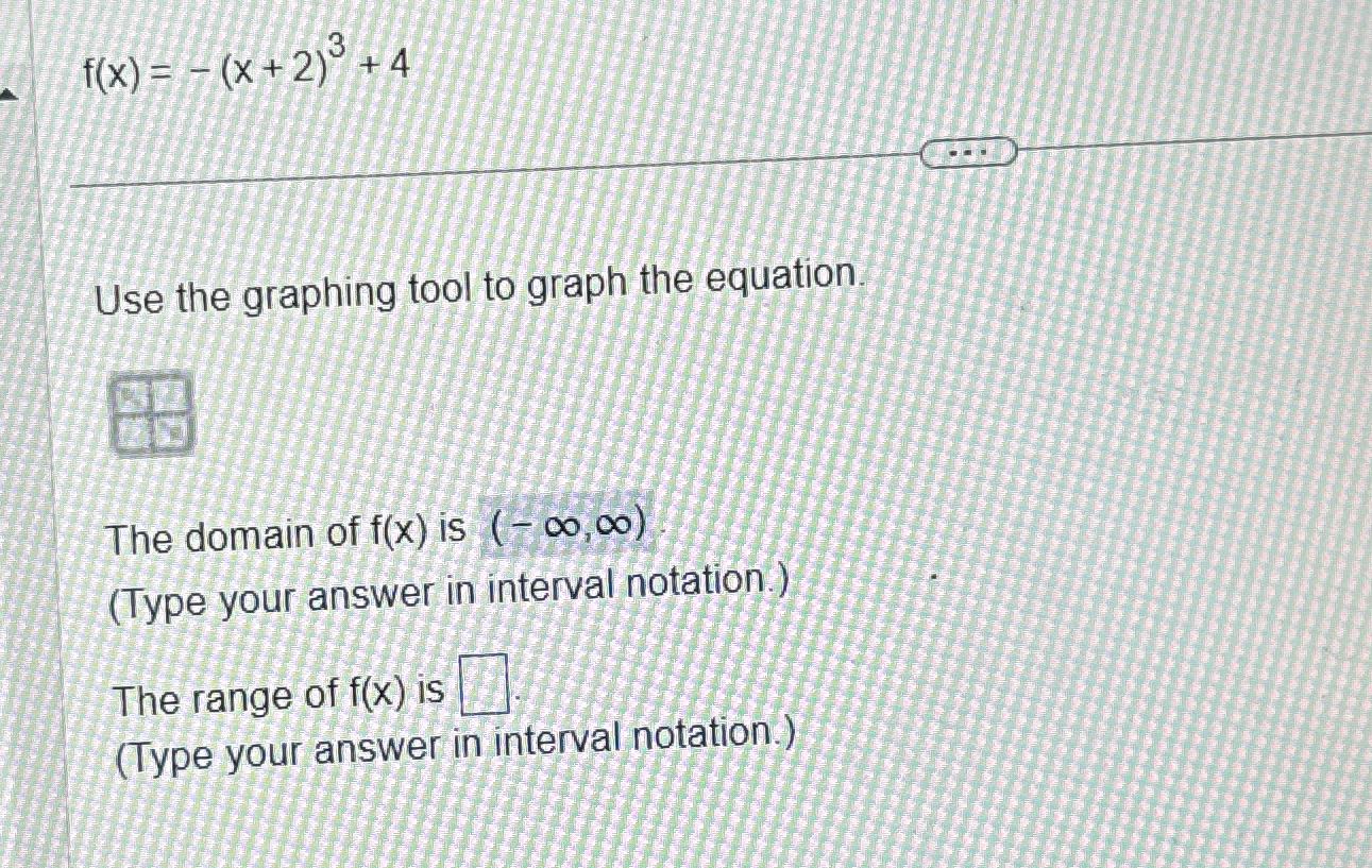 Solved f(x)=-(x+2)3+4The range of f(x) ﻿is(Type your answer | Chegg.com