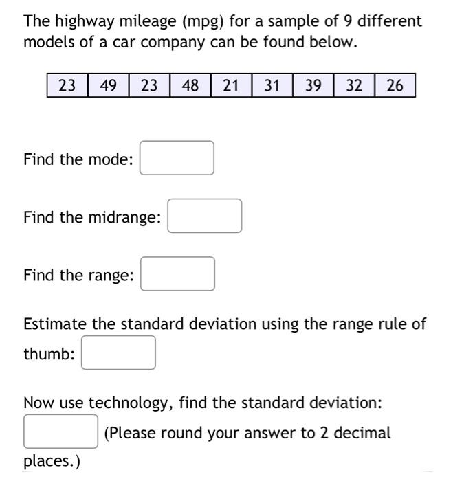 Solved The highway mileage (mpg) for a sample of 9 different | Chegg.com
