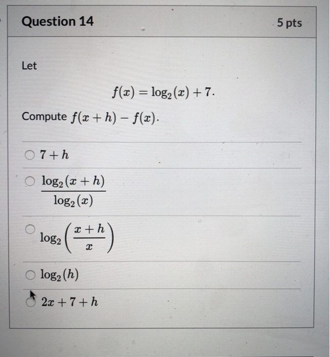 Solved Question 14 5 pts Let f(x) = log2 (2) +7. Compute f(x | Chegg.com