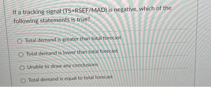 Solved If a tracking signal (TS=RSEF/MAD) is negative, which | Chegg.com