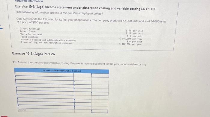 Solved Exercise 19-3 (Algo) Income statement under | Chegg.com