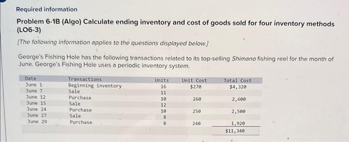 Solved Required information Problem 6-1B (Algo) Calculate | Chegg.com