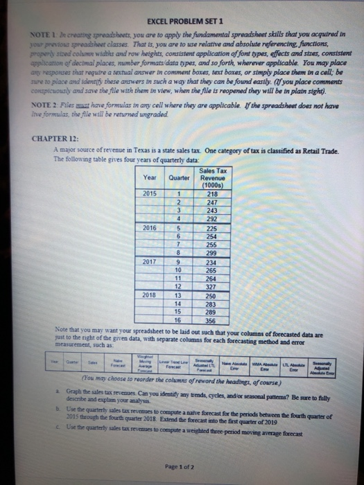 EXCEL PROBLEM SET 1 NOTE 1: In creating spreadshots, | Chegg.com